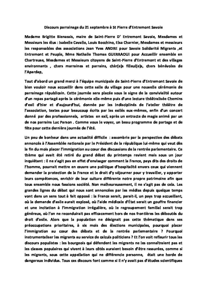 Discours parrainage du 21 septembre à St Pierre d - Apardap